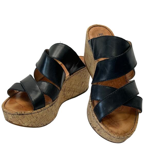 Born | Shoes | Born Kapiti Black Leather Cork Wedge Slip On Sandals ...